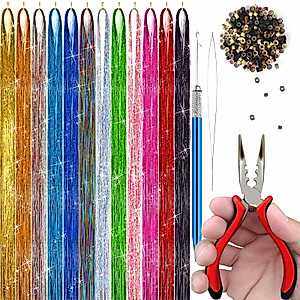 Hair Tinsel Kit with Microlinks Tools, Fairy Hair Glitter Hair Extensions, Hair Tensile, Heat Resistant (47 Inch,12 Colors)