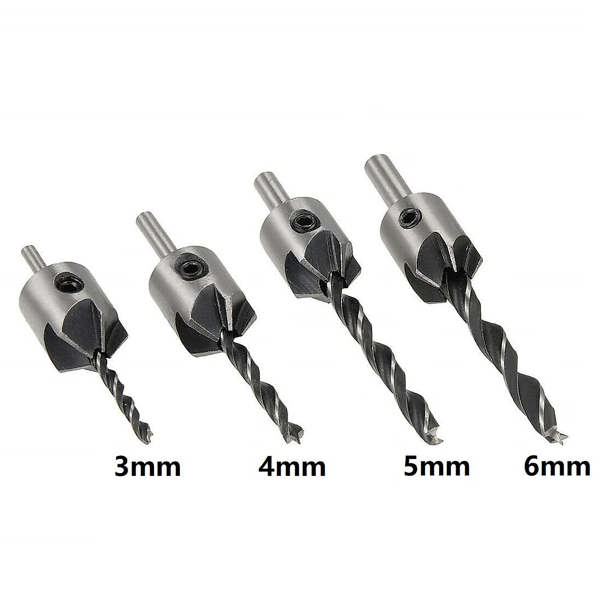 Utoolmart 4 in 1 Countersink Drill Bit Set, 3mm 4mm 5mm 6mm Quick Change Drill Bit with One Hex Key, Adjustable Carpentry Reamer Plated for Wood DIY, HSS