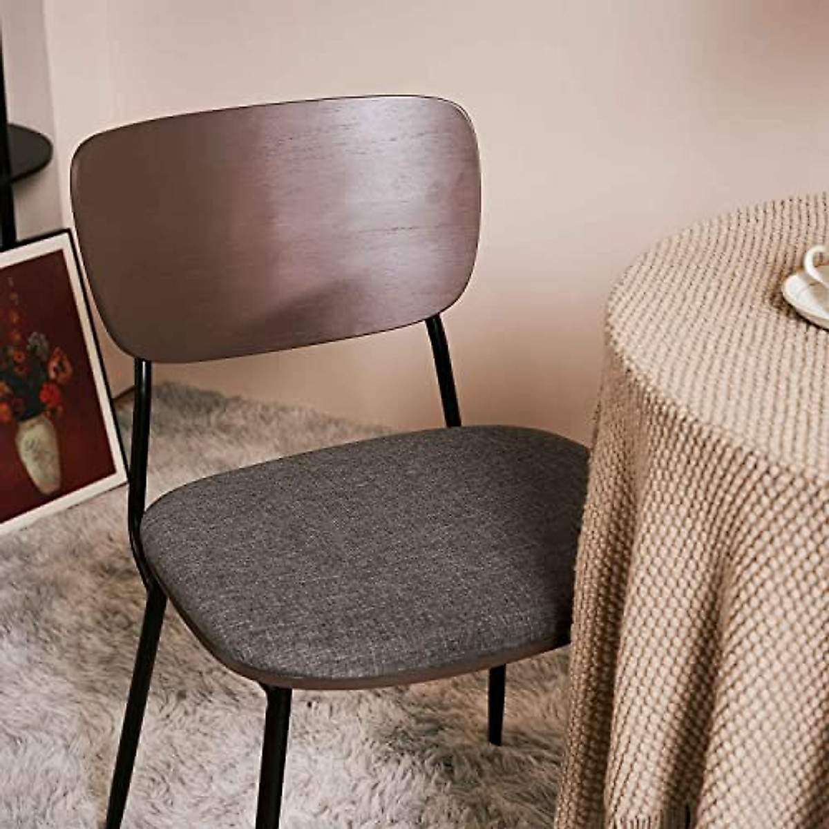 ESSIZOLE Dining Chair, Modern Linen Kitchen Dining Room Chairs Set of 2, Side Chair with Wood Back, Upholstered Armless Chairs with Metal Legs for Dining Room, Bedroom（Matte D-Brown+Grey）