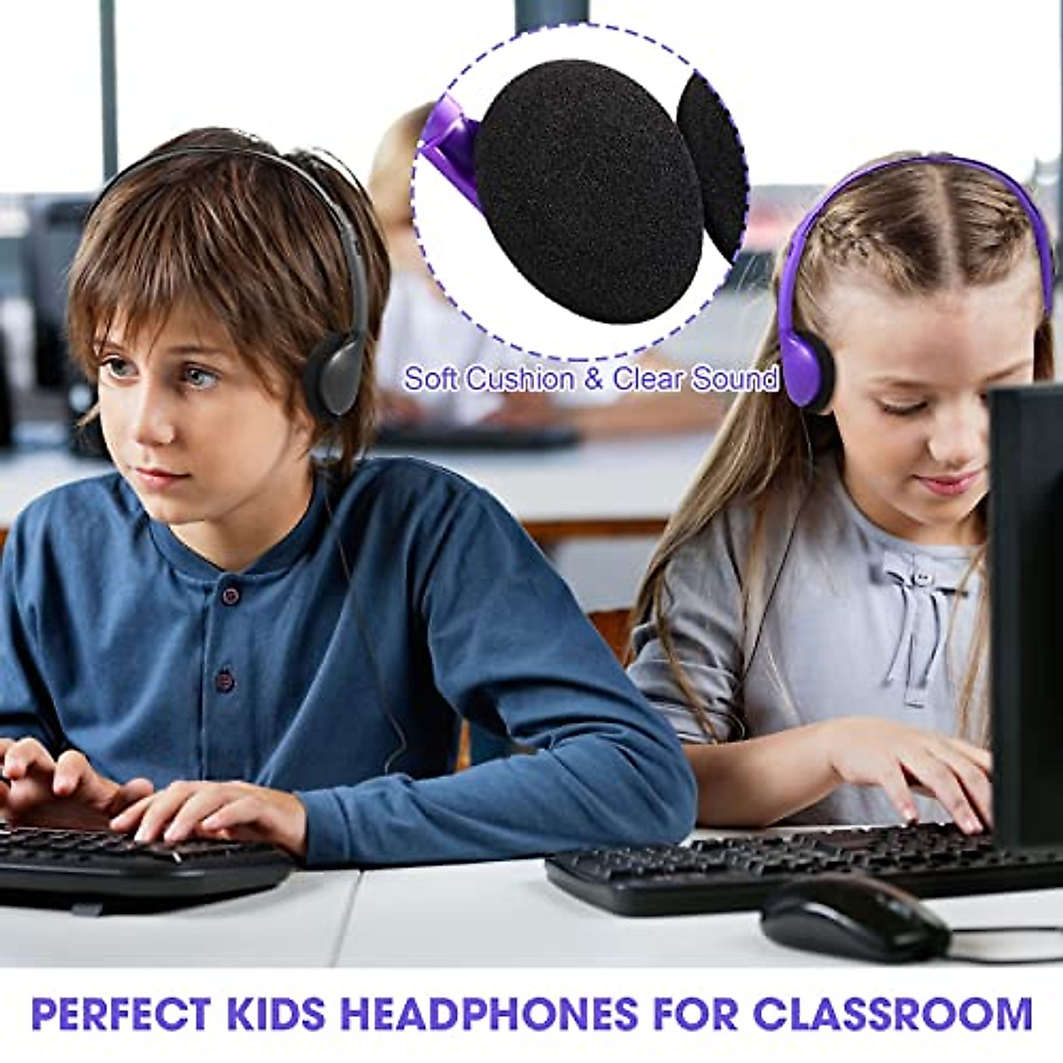 Konohan 32 Pack Headphones Student Headphone Adjustable on Ear Headphone Library Headphone Wire Classroom Headphone with 3.5 mm Headphone Plug for Boys Girls Adults School (Red, Purple, Gray, Black)