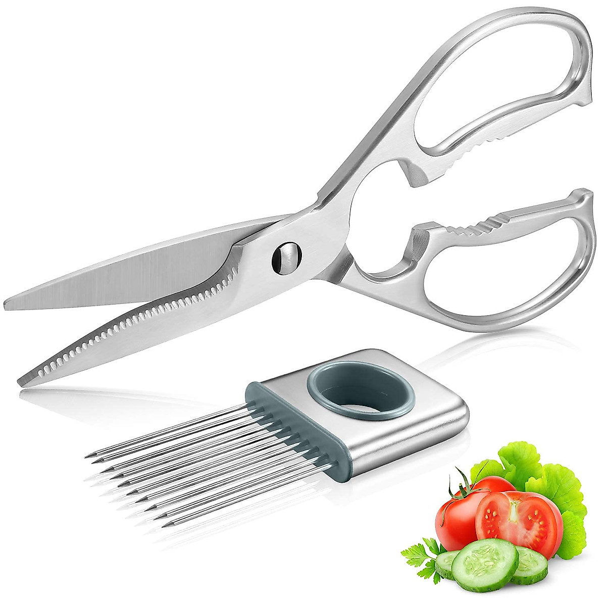WELLSTAR Sharp Kitchen Knives 5 Piece Set, Chef Carving Bread Utility Paring Knife + Come Apart Heavy Duty Chicken Meat Scissors Shears with German Stainless Steel Blade + Onion Slicing Holder