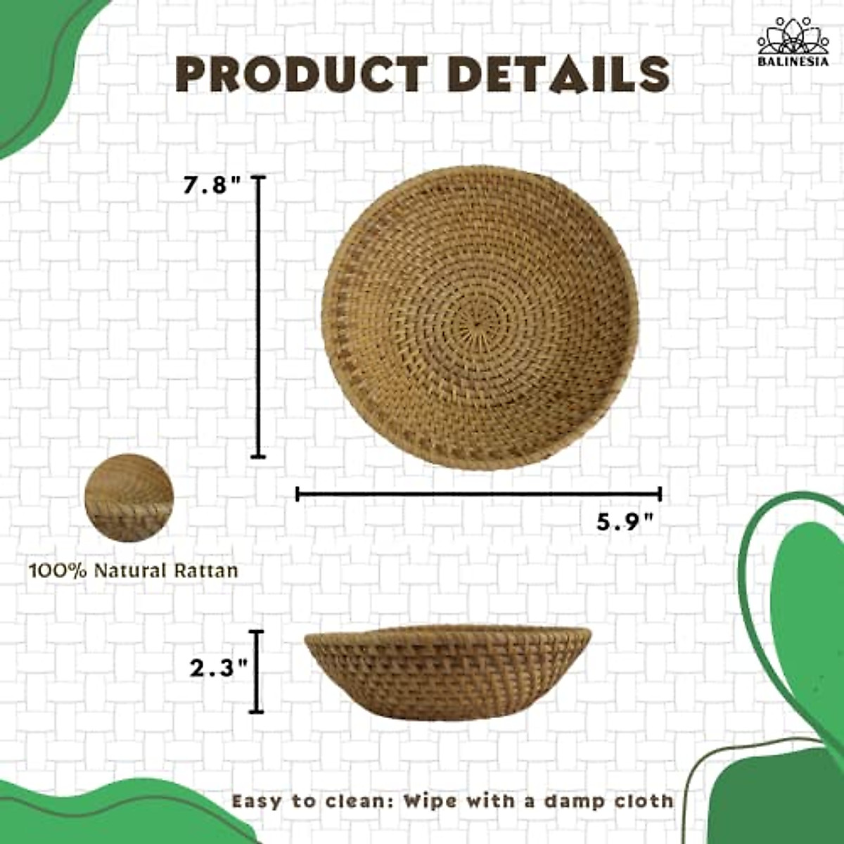 Balinesia Set of 2 Small Round Handmade Natural Rattan Baskets | Circle Countertop Handwoven Rattan for Storage and Display | Wicker Vanity Storage Tray Home Decor | Peanut Bowl