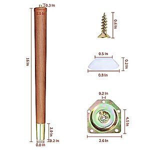Table Legs 16 inch Wood Furniture Legs with Metal Edge for Coffee Table End Table Mid-Century Modern Style Tapered Round DIY Furniture Legs Accessories Included, Walnut