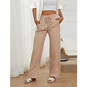 Narcissus Khaki Linen Pants for Women Fall Plus Size Khaki Pants for Women Drawstring Loose Linen Pants Plus Size Linen Beach Pants for Women (Khaki XL)