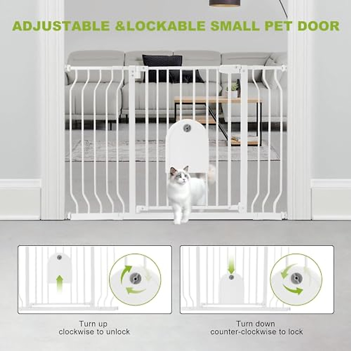 Baby Gates with Cat Door - Auto Close 29.5"-48.4" Safety Metal Dog Pet Gate for Doorway, Stairs, House, Walk Through Child Gate with Pet Door, Includes 4 Wall Cups and 2 Extension Pieces