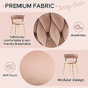LETESA Velvet Dining Chairs Set of 2 with Hand Woven Hollow Backrest Design, Modern Upholstered Accent Chairs with Gold Metal Legs, Vanity Chairs for Dining Room, Living Room (Pink)