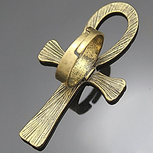 RechicGu Vintage Gold Egyptian Ancient Ankh Key of Life Cross Ring Cleopatra Adjustable Band Ankara Hieroglyphic Carved Symbol of Protection Amulet Jewelry