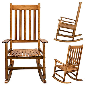 COOBL Rocking Chair,Solid Wood High Back Rocker,All Weather Resistant Porch Rocker for Lawn Garden Backyard Porch Patio (Nature)
