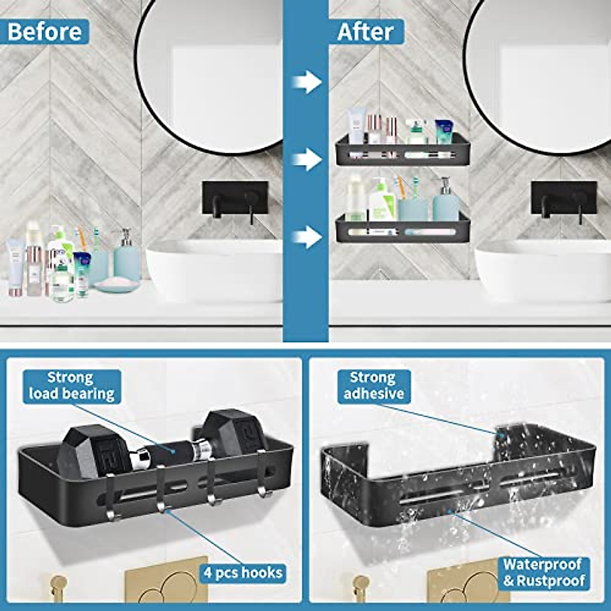 Caddy Shower Set of 2 Adhesive No Drilling Shower Shelves , Rustproof Titanium Alloy Shower Racks, Bathroom Shower Storage Shelves Organizer for Inside Shower & Kitchen with 4 Hooks(Black)