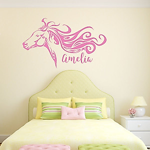 Room Wall Decor - Horse Head w/Customized Name Rustic Vinyl Decal Stickers for Home in Teen n Kids, Girls n Boys Bedroom, Bathroom or Playroom - Custom Sizes and Colors Match Any Themed Living Space