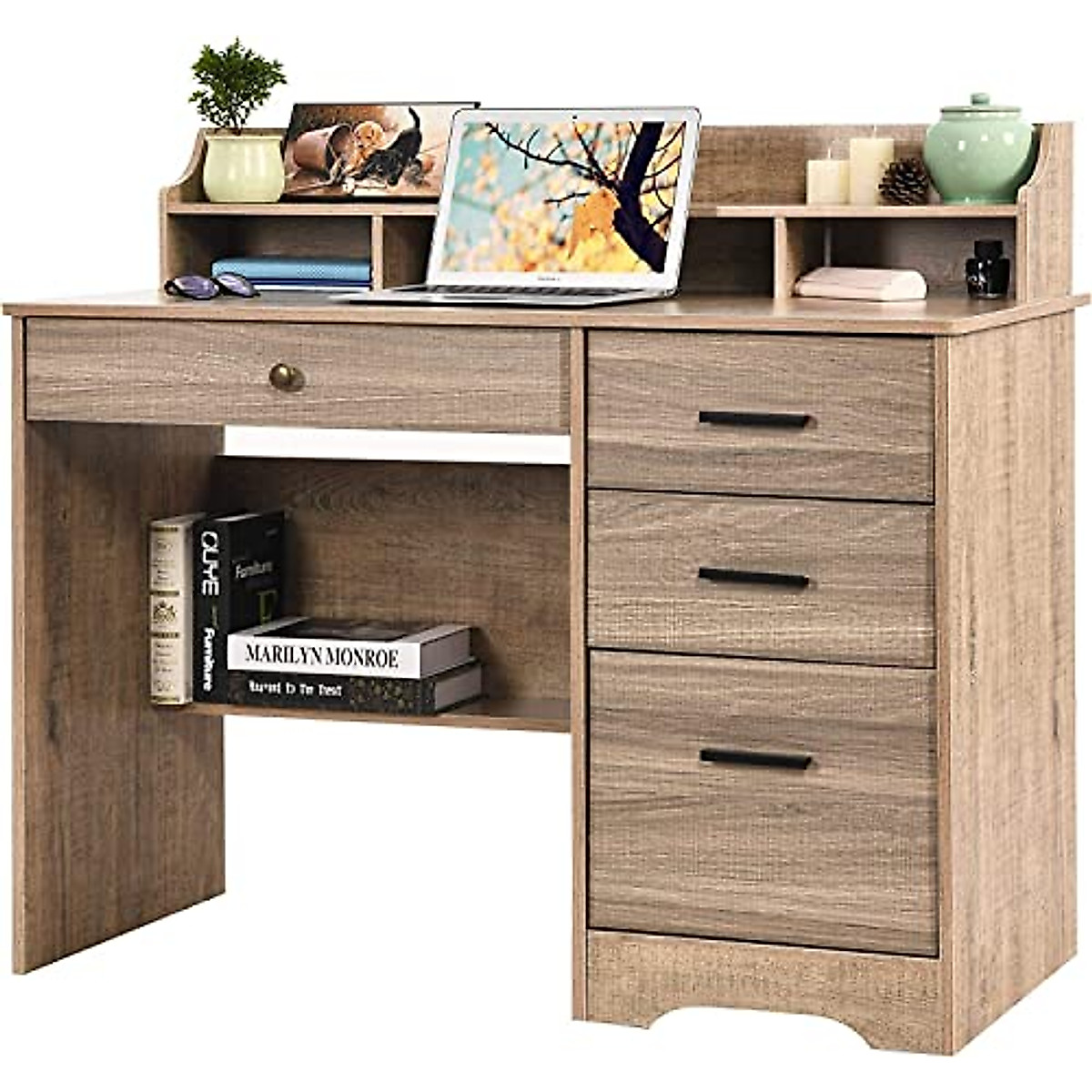 Catrimown Computer Desk with Drawers and Hutch, Executive Desk Home Office Desk Writing Table Wood Student Desk with File Drawer for Bedroom, Small Computer Desk with Drawer for Small Place, Grey