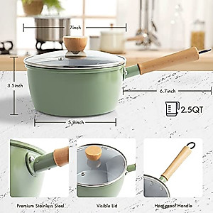 ROCKURWOK Ceramic Nonstick Sauce Pan, 2.2 Quart Cooking Pot, Small Saucepan with Lid, PTFE & PFAS-Free, Wooden Handle for Cool Touch, Universal Base(Gas, Electric & Induction), Green