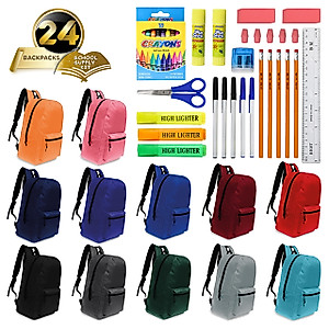 Moda West 15 Inch Bulk Backpacks in 12 Assorted Colors with 22 Piece School Supply Kits - Wholesale - Case of 24 Value Bundle Pack