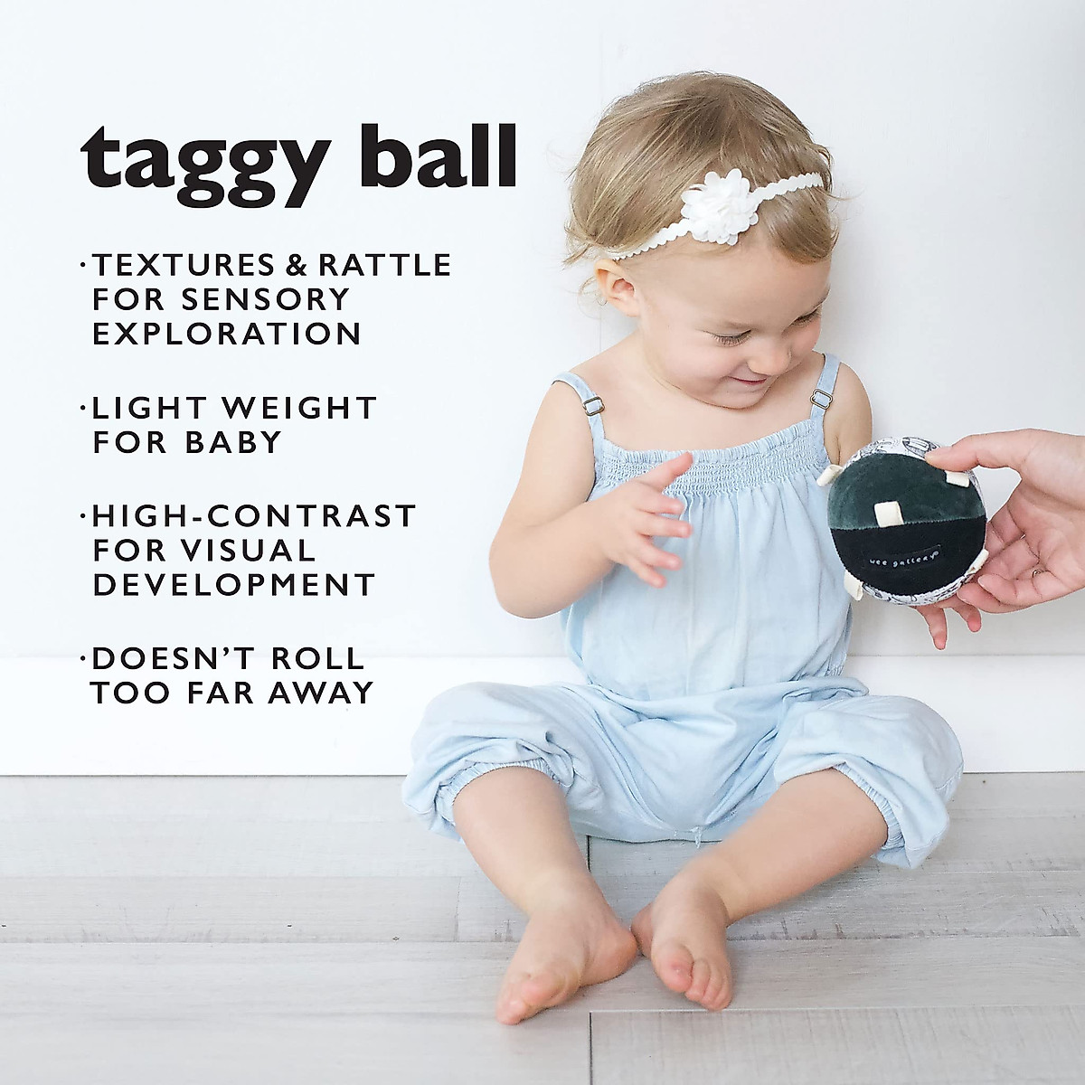 Wee Gallery, Taggy Ball with Rattle - Developmental Activity for Babies - Visual Stimulation, Motor Skills, Soft Interactive Sensory Toy for Infant Play (Woodland Theme)