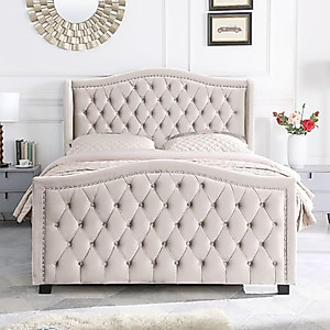 Leadtimes Beige Velvet Bed Frame Queen Size Upholstered Platform with Tufted Button Wingback Headboard Durable and Luxurious