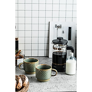 LYEOBOH Coffee Mug, Coffee Mugs Set of 4, Stackable Coffee Mugs with Rack and Spoons - 13 Oz Coffee Cup Set with Stand, Ceramic Coffee Mugs for Home & Kitchen, Blue and Green