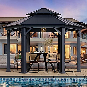 EROMMY 15' x 15' Hardtop Gazebo, Outdoor Wood Looking Aluminum Hexagon Gazebos with Galvanized Steel Roof for Patio, Backyard, Deck and Lawns