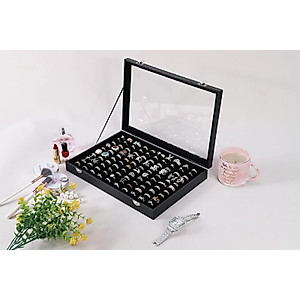Pengup 100 Slots Ring Case Organizer Display Box,Rings Holder Storage Boxes for Jewelry Showcase with Glass Lid (Black Velvet).