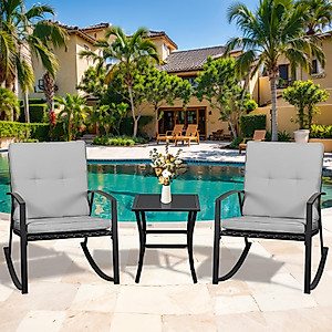 Walsunny 3 Pieces Patio Set Outdoor Wicker Patio Furniture Sets Modern Rocking Bistro Set Rattan Chair Conversation Sets with Coffee Table (Grey)