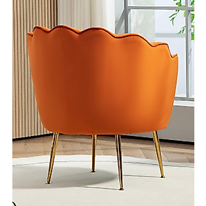 US Pride Furniture Velvet Barrel Chair, Stylish Accent with Scalloped Backrest and Gold Metal Legs, Suitable for Traditional, Modern, and Contemporary Living Rooms, Orange