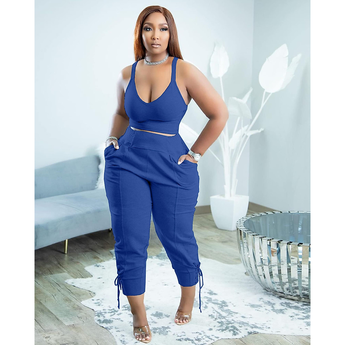 Doweha Two Piece Outfits for Women Sexy Summer Joggers Crop Tank top Sweatsuits Biker Short Set Matching Sets Tracksuit Jumpsuit Blue XL