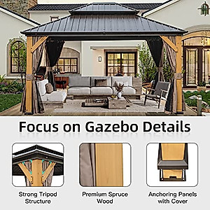 Domi Hardtop Gazebo 12’x14’ Cedar Frame Wood Gazebo with Galvanized Steel Double Roof, Outdoor Permanent Metal Gazebo with Curtains and Netting for Patio,Deck,Backyard