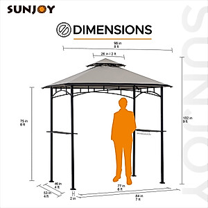 Sunjoy 5 x 8 ft Black Steel Frame Double Tiered Canopy Grill Gazebo for Outdoor, Patio, Garden, and Backyard Activities,Gray and Black