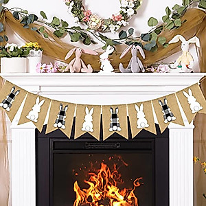 Doumeny Easter Plaid Burlap Banner Buffalo Check Rabbit Bunny Banner Jute White Rabbit Bunting Garland Happy Easter Banner Garland Spring Easter Party Banner for Mantle Fireplace Wall Door Party Decor