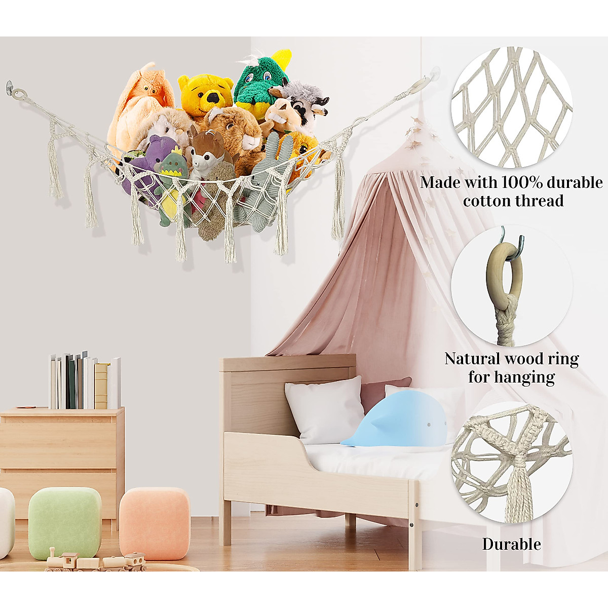 Artist Unknown Stuffed Animal Net or Hammock Jumbo - with Warm White LED String Star Lights, Wall Hooks- Stuffed Animal Hammock - Wall Net for Stuffed Animals - (X-Large - Cream / Ivory)