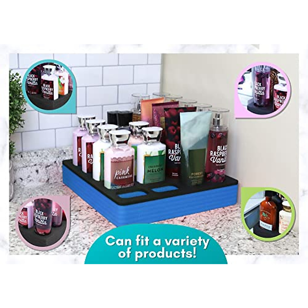 Polar Whale Lotion and Body Spray Stand Organizer Large Tray Blue Black Durable Foam Washable Waterproof Insert for Home Bathroom Bedroom Office 12.3 x 11.75 x 2 Inches 20 Slots