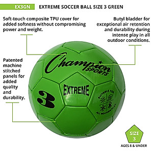 Champion Sports Extreme Series Soccer Ball, Size 3 - Youth League, All Weather, Soft Touch, Maximum Air Retention - Kick Balls for Kids Under 8 - Competitive and Recreational Futbol Games, Green