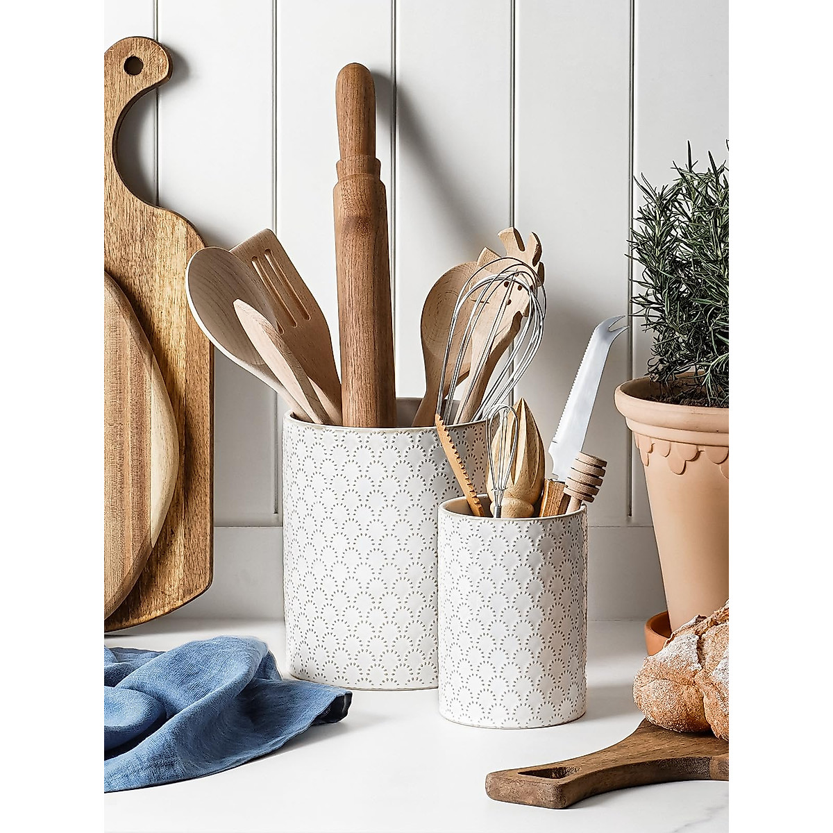 LE TAUCI Utensil Holder, 7.1" Ceramic Kitchen Utensil Holder for Counter top, Embossed Cooking Utensil Organizer for Spatula & Spoon, Kitchen Decor, Set of 1, Arctic White,Fireworks