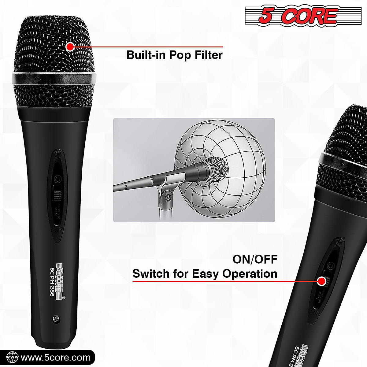 5 CORE Microphone Dynamic Vocal Handheld Mic Cardioid Unidirectional Microfono w On Off Switch + XLR Audio Cable for Singing PM-286