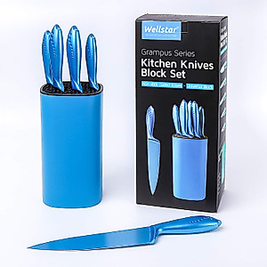 WELLSTER Blue Kitchen Knife Set with Block, 6 Pieces Knives Universal Holder Set, German Stainless Steel Blade Non-Stick Coated Chef Carving Bread Utility Paring Knives