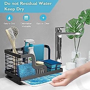 Kitchen Sink Organizer, Sink Caddy Sponge Holder for Kitchen Sink, Dish Brush Holder Sink Accessories Stainless Steel, Kitchen Soap Caddy with Plastic Removable Drain Pan for Sponge, Brush, Dish Soap