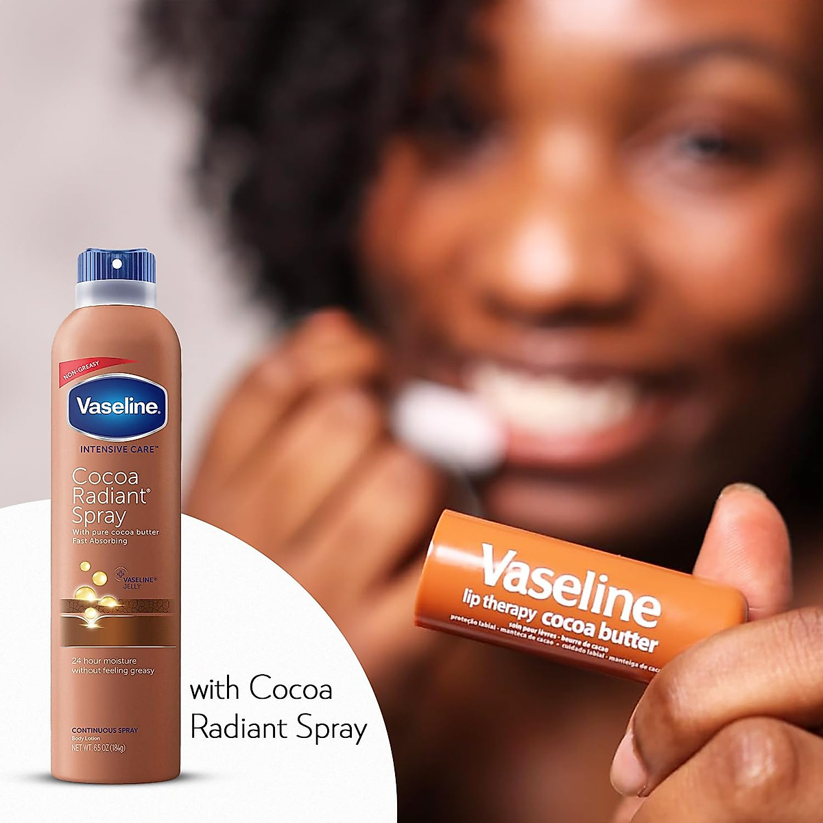 Vaseline Cocoa Radiant Spray 2-Pack for Dry Skin + Vaseline Lip Therapy Cocoa Butter Lip Balm (3 Piece Set)