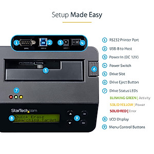 StarTech.com Single Bay Hard Drive Eraser, Standalone HDD/SSD Disk Wiper/Sanitizer, 4Kn, USB 3.0 to SATA III, 9 Erase Modes, LCD, RS232 Printer Port, Hardware Erasing Tool, TAA Compliant (SDOCK1EU3P2)