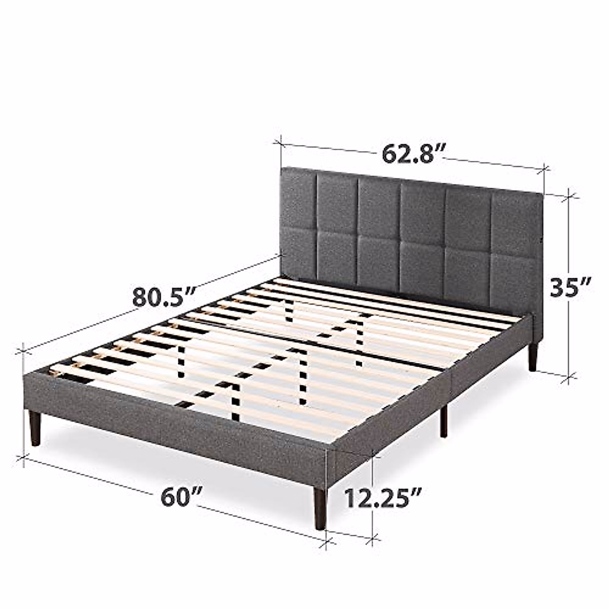 ZINUS Lottie Upholstered Platform Bed Frame with Short Headboard and USB Ports / Mattress Foundation / Wood Slat Support / No Box Spring Needed / Easy Assembly, Grey, Queen