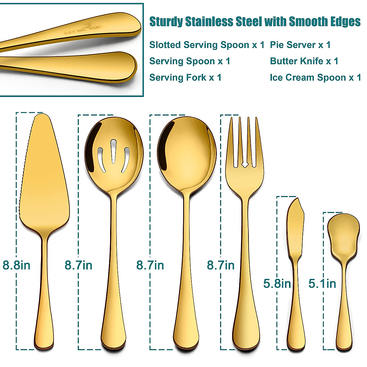 Homikit 6 Pieces Gold Serving Utensils, Modern Stainless Steel Serving Hostess Set with Serving Spoons, Serving Fork, Pie Server, Butter Knife, Ice Cream Spoon, Mirror Polished, Dishwasher Safe