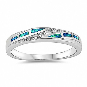 Half Eternity Band Ring Created Blue Opal Simulated Round Cubic Zirconia 925 Sterling Silver,Size-8