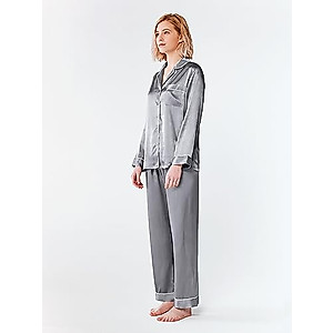SIORO Womens Silk Pajamas Soft Long Satin Sleepwear Ladies Pajama Sets Button Down Loungewear Pyjamas Suit, Grey, L