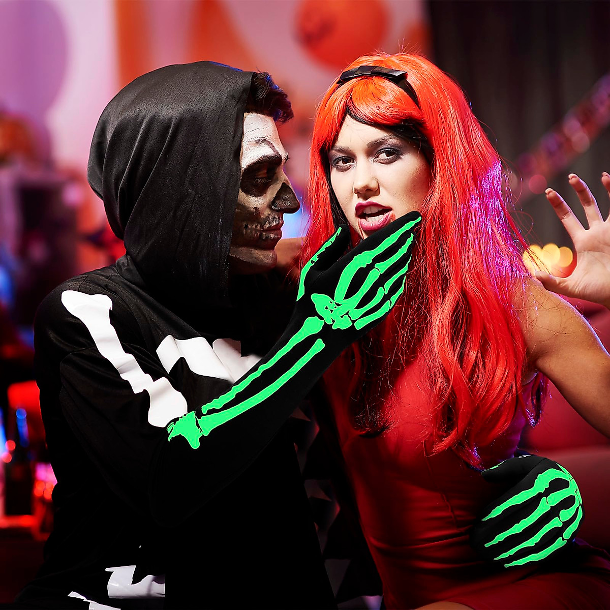 JOVITEC 4 Pairs Skeleton Gloves Halloween Costume Skull Gloves Gothic Bone Gloves for Costume Cosplay Accessories (Glow)