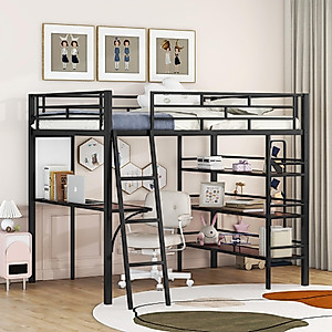 Favfurish Full Size Loft Metal Bed with 3 Layers of Shelves and Desk, Heavy Duty Stylish Bed Frame W/Whiteboard,Safety Guardrail & Ladder,for Kids Teens Adults,Black