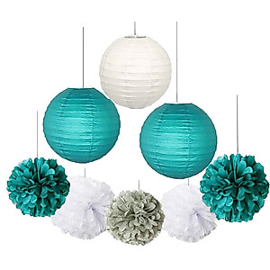 Teal Bridal Shower Decorations White Teal Grey Tissue Paper Pom Pom Paper Lanterns Teal Themed Party Wedding Teal Blue Baby Shower Teal Sweet 16 Birthday Party Decorations Mermaid Party Supplies