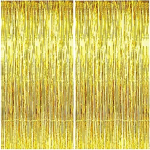BEISHIDA 2 Pack Foil Fringe Curtain,Gold Tinsel Metallic Curtains Photo Backdrop Streamer for Party Door Wall Curtain Wedding Birthday Bachelorette New Year Decorations(3.28 ft x 6.56 ft)