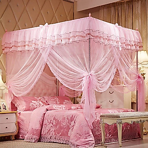 UOZZI BEDDING 4 Corners Post Pink Canopy Bed Curtain for Girls & Adults - Cute Cozy Drape Square Netting for Twin Bed - 4 Opening 58" W x 80" L Mosquito Net - Princess Bedroom Decoration