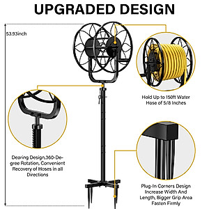 EVEAGE Garden Hose Reel Holder - Freestanding 360 Degree Rotate Reel, Heavy Duty Metal Stand, Support 150ft Water Hose of 5/8 Inches, Suitable for Outdoor Gardens, Lawns and Courtyards