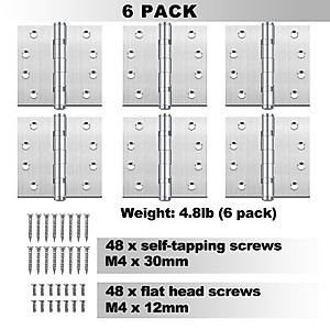 OTINUBEE 304 Stainless Steel Door Hinges 6 Pack, 4'' X 4''Heavy Duty Commercial Door Hinge with Silent Steel Plain Ball Bearing, Stainless Higne for Exterior & Interior Doors, Silver