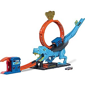 Hot Wheels City Track Set with 1 Toy Car, Race Through A Giant Loop to Defeat A Big Dinosaur, T-Rex Loop Stunt and Race Playset