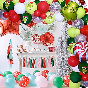 Christmas Balloon Garland Arch Kit, 113pcs Red Green Snowflake Balloon Arch with Candy Mylar Balloons for Kids Christmas Party, Grinchmas Party, Christmas Birthday Decorations, New Year Decor
